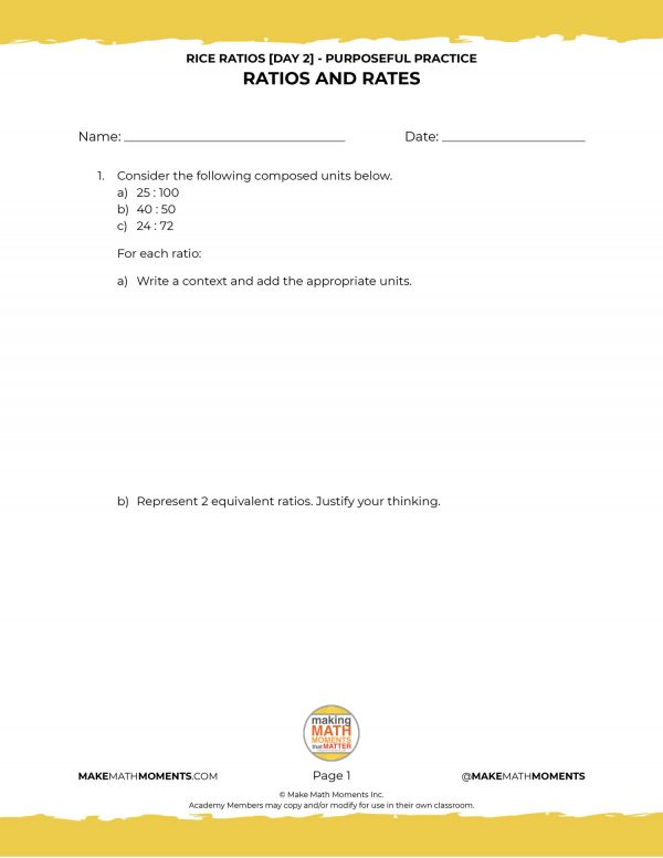 Rice Ratios [Day 2] - Ratio and Rates Practice Handout Worksheet