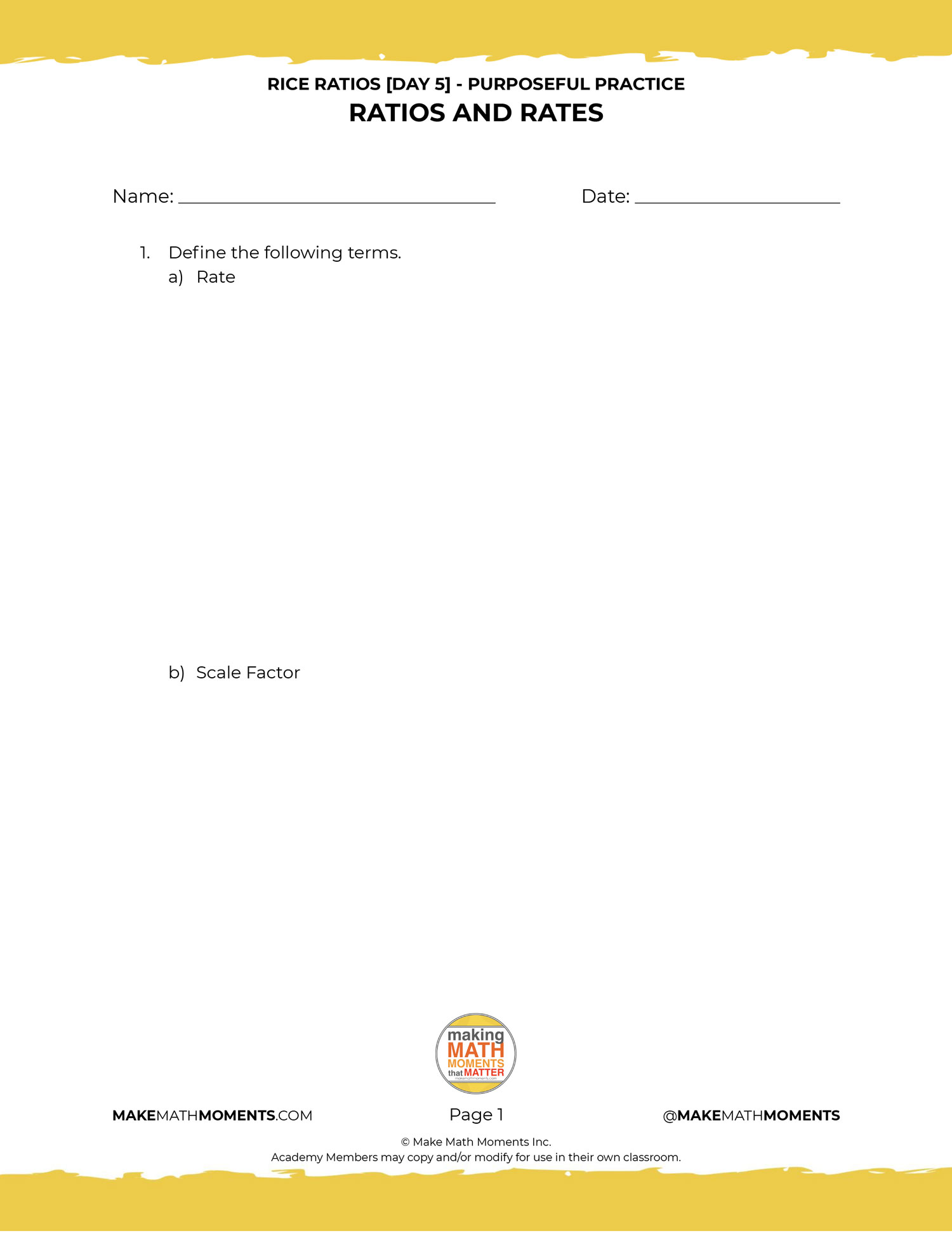 Rice Ratios [Day 5] - Ratio and Rates Assessment Handout