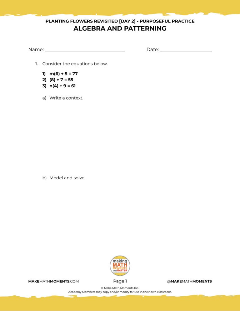 Planting Flowers Revisited [Day 2] - Two-Step Equation Practice Handout