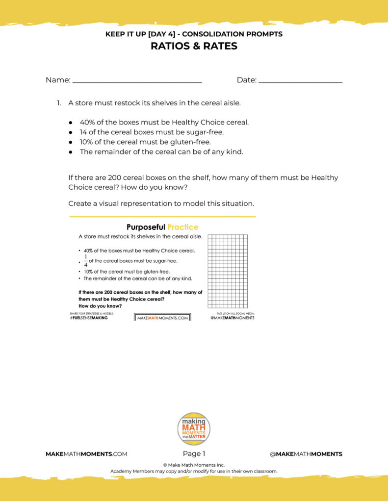 Keep It Up [Day 4] | Practice with Ratios and Percents Worksheet Handout