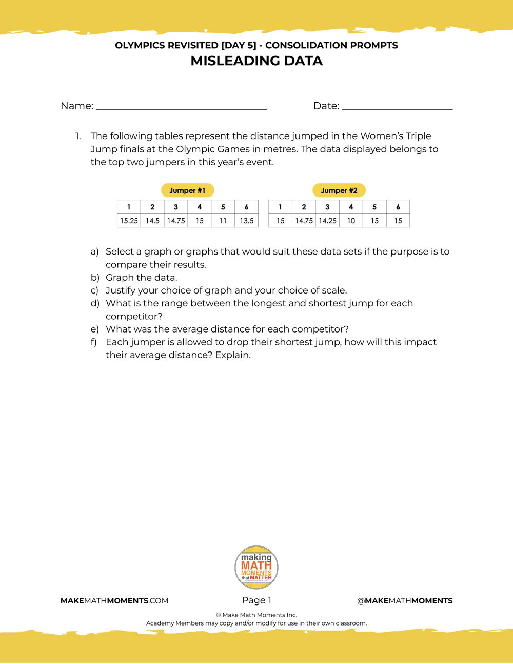 Olympics Revisited [Day 5] - Data Literacy Assessment Handout Worksheet