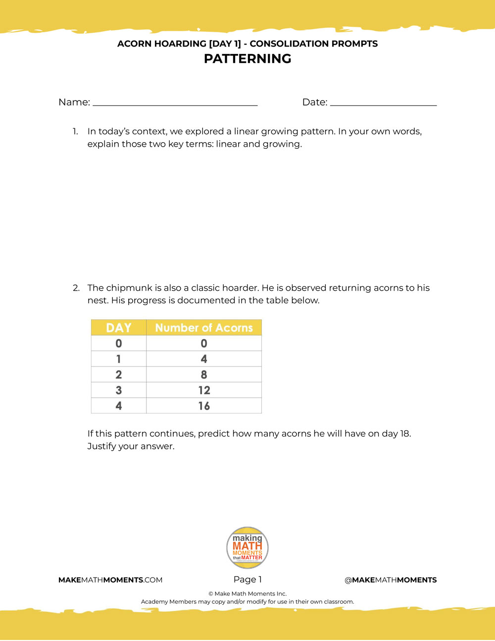 Acorn Hoarding | Visual Patterns | Linear Relations & Linear Equations