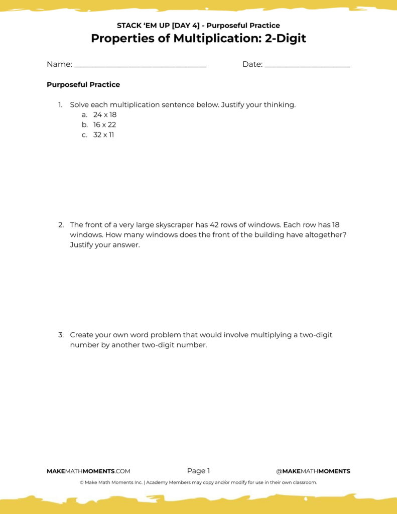 Stack 'Em Up [Day 4] - 2-Digit Multiplication Number Talk & Worksheet