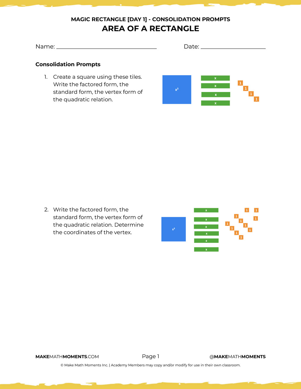 Magic Rectangle | Optimization: Area of a Rectangle Completing the Square