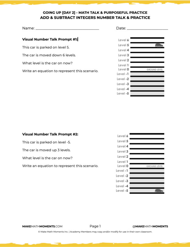 Going Up? [Day 2] - Add and Subtract Integers Number Talk & Practice