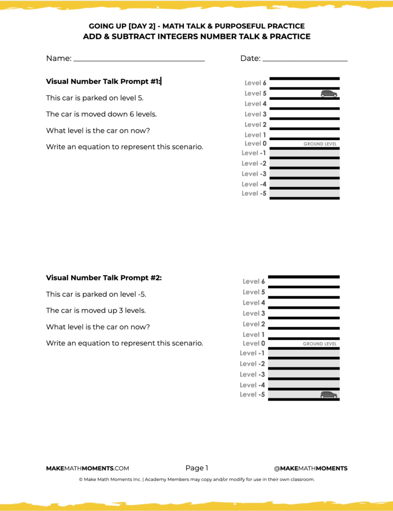 Going Up? [Day 2] - Add and Subtract Integers Number Talk & Practice
